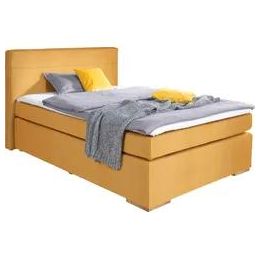 Boxspringbett Alina "Nikki", gelb (gelb xbo 5), B:133cm L:214cm, Struktur fein XBO (100% Polyester), Komplettbetten, Boxspringbett, inklusive Matratze und Topper, F&uuml;&szlig;e Buche natur