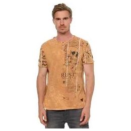 T-Shirt Rusty Neal, Herren, Gr. S, braun (camelfarben), 100% Baumwolle, bedruckt, normal, Rundhals, Shirts T-Shirt, im Used-Look mit Allover-Print