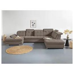 Wohnlandschaft COTTA "Holiday U-Form mit Sitztiefen-, Armteil- und Kopfteilverstellung", grau (taupe), B:386cm H:86cm T:265cm, 90% Polyester, 10% Polyamid, Sofas, Wohnlandschaft, wahlweise mit Bettfunktion & Bettkasten