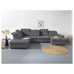 Wohnlandschaft COTTA "Holiday U-Form mit Sitztiefen-, Armteil- und Kopfteilverstellung", grau (stone), B:386cm H:86cm T:265cm, 90% Polyester, 10% Polyamid, Sofas, Wohnlandschaft, wahlweise mit Bettfunktion & Bettkasten