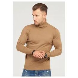 Rollkragenpullover behype "TIBERIUS", Herren, Gr. S, beige, 50% Baumwolle, 30% Polyester, 15% Viskose, 5% Elasthan, unifarben, normal, hoch geschlossener Ausschnitt, Pullover Rollkragenpullover, im modischen Slim Fit-Schnitt