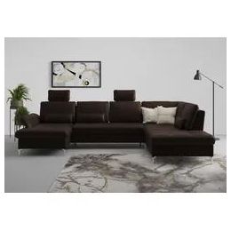 Wohnlandschaft Home Affaire "Palm Beach U-Form", braun (dunkelbraun), B:347cm H:89cm T:224cm, 100%Polyester, Sofas, Wohnlandschaft, Federkern, mit Sitztiefenverstellung, wahlweise mit Bettfunktion