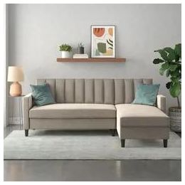 Ecksofa DOREL HOME "Celine, L-Form", grau (taupe), B:213cm H:83cm T:154cm, Veloursstoff 100% Polyester, Sofas, Ecksofa, mit Bett-Funktion und Stauraum. Recamiere beidseitig montierbar