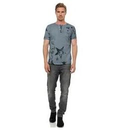 T-Shirt Rusty Neal, Damen, Gr. M, grau (anthrazit), 100% Baumwolle, bedruckt, normal, ohne Ausschnitt, Shirts T-Shirt, mit Skull-Print und Knopleiste