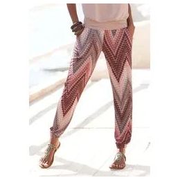Jerseyhose Lascana, Damen, Gr. 36, N-Gr, rot (sand, bordeaux bedruckt), Jersey, Obermaterial: 100% Viskose, bedruckt, figurumspielend lang, Hosen Jerseyhose, mit Alloverprint und Taschen, Stretchbund, Strandhose