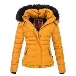 Steppjacke Navahoo "Chloe", Damen, Gr. S (36), gelb, Obermaterial: 100% Polyester; Innenseite: 100% Polyester; Futter: 100% Polyester; Fellimitat: 90% Polyacryl, 10% Polyester, Jacken Steppjacke, hochwertige Winterjacke mit abnehmbarer Kapuze