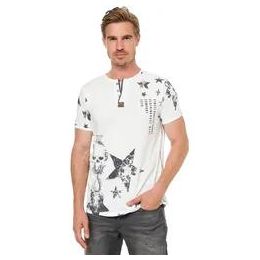 T-Shirt Rusty Neal, Damen, Gr. XXL, wei&szlig;, 100% Baumwolle, bedruckt, normal, ohne Ausschnitt, Shirts T-Shirt, mit Skull-Print und Knopleiste