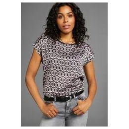 Shirtbluse Laura Scott, Damen, Gr. 42, bunt (schwarz, rosa, gemustert), Single Jersey, Obermaterial: 100% Polyester. R&uuml;ckenteil: 95% Viskose, 5% Elasthan, bedruckt, gemustert, figurumspielend h&uuml;ftbedeckend, Rundhals, angeschnitten, Blusen, gemustert und gestreift, femininer Stil, Rundhalsausschnitt