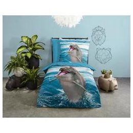 Kinderbettw&auml;sche Good Morning "Jump", blau, B/L: 135cm x 200cm, 1 Stk., 1 Stk., Renforc&eacute;, B/L: 80cm x 80cm, 2 Stk., Renforc&eacute;, Obermaterial: 100% Baumwolle, Bettw&auml;sche, 100% Baumwolle, 135x200, Rei&szlig;verschluss, Wendeoptik, Kind, Delfin Blau