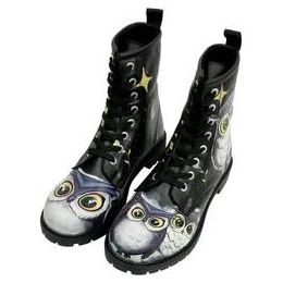 Schn&uuml;rboots DOGO "Long Boots Schn&uuml;rstiefel Owls Family Black Damen Stiefeletten", Damen, Gr. 41, Normalschaft, schwarz, Lederimitat, Schuhe Schn&uuml;rboots, Handgefertigt
