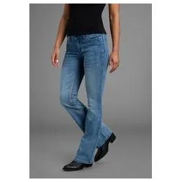 Bootcut-Jeans Arizona "mit Keileins&auml;tzen", Damen, Gr. 50, N-Gr, blau (mid blau use), Denim/Jeans, Obermaterial: 76% Baumwolle, 16% Polyester, 7% Viskose, 1% Elasthan, Basic, eng lang, Jeans, ausgestellte Beinform, niedrige Leibh&ouml;he, elastisches Material, Topseller