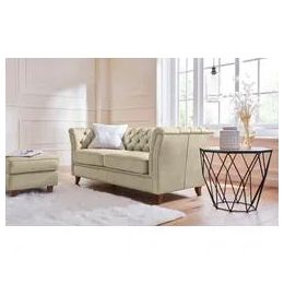 Chesterfield-Sofa Home Affaire "Reims", beige (creme), B:180cm H:76cm T:88cm, Samtoptik (100% Polyester), Sofas, mit echter Chesterfield-Knopfheftung, hochwertige Verarbeitung