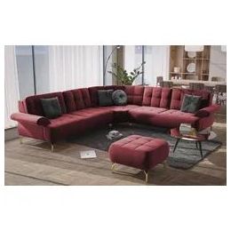 Sit & More Ecksofa SIT & MORE "Orient 1 L-Form", rot, B:299cm H:88cm T:279cm, 100% Polyester, Sofas, Ecksofa, inkl. 4 Zierkissen mit Strass-Stein, goldfarbene Metallf&uuml;&szlig;e