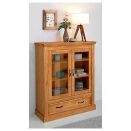 Vitrine OTTO HOME "Selma Highboard", beige (natur gebeizt, gewachst), B:100cm H:120cm T:38cm, Glas, MDF, Massivholz, Schr&auml;nke, Vitrine, aus massivem Kiefernholz, mit Griffen aus antikisiertem Metall