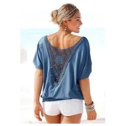 Strandshirt Lascana, Damen, Gr. 44/46, blau (rauchblau), Jersey, Obermaterial: 95% Viskose, 5% Elasthan. Spitze: 100% Baumwolle, unifarben, figurumspielend h&uuml;ftbedeckend, Rundhals, mit Riegel, Shirts, mit H&auml;keleinsatz am R&uuml;cken, T-Shirt, weite Passform, luftig und locker