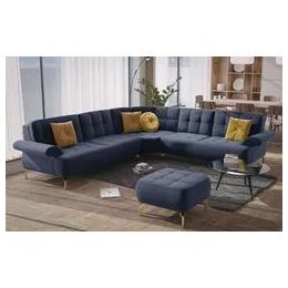 Sit & More Ecksofa SIT & MORE "Orient 1 L-Form", blau, B:299cm H:88cm T:279cm, 100% Polyester, Sofas, Ecksofa, inkl. 4 Zierkissen mit Strass-Stein, goldfarbene Metallf&uuml;&szlig;e