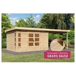 Gartenhaus Karibu "Kolimasee 7", beige (naturbelassen), Holzwerkstoff, Gartenh&auml;user, Gartenhaus, mit Anbaudach 3,2 m, naturbelassen