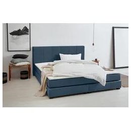 Boxspringbett OTTO products "Peetu", blau, B:210cm L:213cm, Struktur fein aus 100%-recyceltem Polyester, Komplettbetten, Boxspringbett, Taschenfederkern-Matratze, in 4 Breiten und 4 Farben, incl. Topper