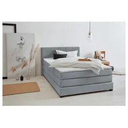 Boxspringbett OTTO products "Peetu", blau (graublau), B:150cm L:213cm, Struktur fein aus 100%-recyceltem Polyester, Komplettbetten, Boxspringbett, Taschenfederkern-Matratze, in 4 Breiten und 4 Farben, incl. Topper