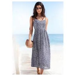 Sommerkleid Lascana, Damen, Gr. 42, N-Gr, blau (marine, creme bedruckt), Web, Obermaterial: 58% Viskose, 28% Baumwolle, 14% Leinen, bedruckt, figurumspielend ca. Mitte Wade, V-Ausschnitt, Kleider Sommerkleid, aus Leinenmix, Midikleid mit Zierknopfleiste, Strandkleid