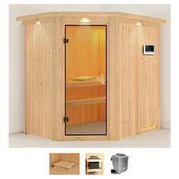 Sauna Karibu "Clara", beige (naturbelassen), Bio-Kombiofen, externe Steuerung, 9 kW, Saunen, Ofen 9 kW Bio externe Strg easy