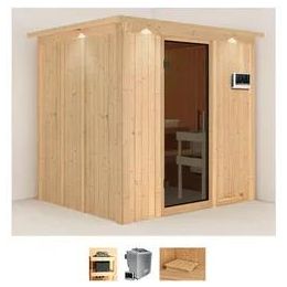 Sauna Karibu "Sodin", beige (naturbelassen), Bio-Kombiofen, externe Steuerung, 9 kW, Saunen, Ofen 9 kW Bio externe Strg easy