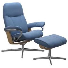 Relaxsessel stressless "Consul", blau (lazuli blau), B:91cm H:102cm T:79cm, Sessel, Relaxsessel, mit Hocker, mit Cross Base, Gr&ouml;&szlig;e S, M & L, Holzakzent Eiche