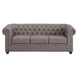 Chesterfield-Sofa Home Affaire "New Castle", grau (taupe), B:203cm H:72cm T:86cm, Samtoptik (100% Polyester);Struktur weich (100% Polyester), Sofas, mit hochwertiger Knopfheftung in Chesterfield-Design, B/T/H: 203/86/72