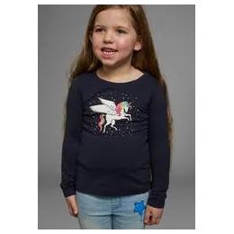 Langarmshirt Kidsworld "mit s&uuml;&szlig;em Einhorn Druck", M&auml;dchen, Gr. 116/122, blau (marine), Jersey, Obermaterial: 100% Baumwolle, bedruckt, Basic h&uuml;ftlang, Rundhals, abgesteppte Kante, Shirts Langarmshirt, lang&auml;rmlig, h&uuml;ftlange Passform, stylischer Druck