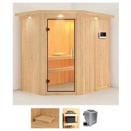 Sauna Karibu "Clara", beige (naturbelassen), Bio-Kombiofen, externe Steuerung, 9 kW, Saunen, Ofen 9 kW Bio externe Strg easy