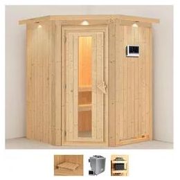 Sauna Karibu "Larin", beige (naturbelassen), Bio-Kombiofen, externe Steuerung, 9 kW, Saunen, Ofen 9 kW Bio externe Strg easy