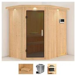 Sauna Karibu "Clara", beige (naturbelassen), Bio-Kombiofen, externe Steuerung, 9 kW, Saunen, Ofen 9 kW Bio externe Strg easy