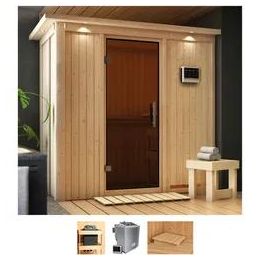 Sauna Karibu "Vada", beige (naturbelassen), Bio-Kombiofen, externe Steuerung, 9 kW, Saunen, Ofen 9 kW Bio externe Strg easy