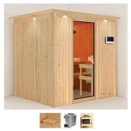 Sauna Karibu "Sodin", beige (naturbelassen), Bio-Kombiofen, externe Steuerung, 9 kW, Saunen, Ofen 9 kW Bio externe Strg easy