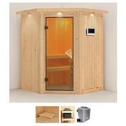 Sauna Karibu "Larin", beige (naturbelassen), Bio-Kombiofen, externe Steuerung, 9 kW, Saunen, Ofen 9 kW Bio externe Strg easy