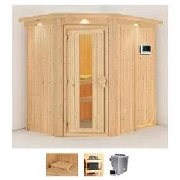 Sauna Karibu "Clara", beige (naturbelassen), Bio-Kombiofen, externe Steuerung, 9 kW, Saunen, Ofen 9 kW Bio externe Strg easy