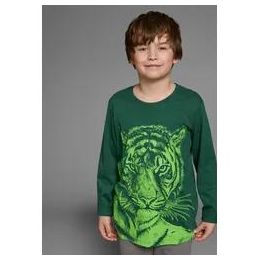 Langarmshirt Kidsworld "TIGER - Druck", Jungen, Gr. 140/146, gr&uuml;n, Jersey, Obermaterial: 100% Baumwolle, bedruckt, Basic, Rundhals, Shirts Langarmshirt, Langarm, Basic-Passform, mit trendigem Druck, Rundhalsausschnitt