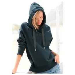 Kapuzensweatshirt ELBSAND "Svana", Damen, Gr. XL (42), blau (marine), Sweatware, Obermaterial: 95% Baumwolle, 5% Elasthan, unifarben, figurumspielend h&uuml;ftlang, Raglan&auml;rmel extrabreites B&uuml;ndchen, Sweatshirts, mit Logoprint, bequemer Hoodie, seitliche Schlitze