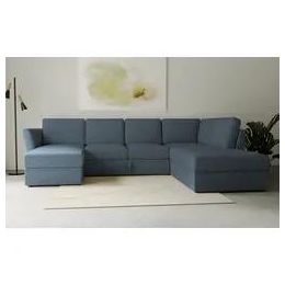 Wohnlandschaft Home Affaire "Lavars Schlafsofa", blau, B:310cm H:90cm T:226cm, 53% strukturiertes Polyester, 47% Polyester, Sofas, Wohnlandschaft, mit Bettfunktion und Stauraum, in zwei verschiedenen Bezugsqualit&auml;ten