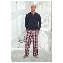 H.I.S. Pyjama H.I.S, Damen, Gr. 48/50 (M), bunt (marine, bordeaux), Jersey, Obermaterial: 100% Baumwolle, kariert, unifarben, Basic, bequem lang, Rundhals, abgesteppte Kante, Homewear-Sets Pyjama, Schlafanzug in langer Form mit Webhose