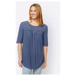 T-Shirt Heine "Shirt", Damen, Gr. 34, blau (jeansblau), 100% Viskose, Spitze:100% Baumwolle, unifarben, Rundhals, Shirts T-Shirt