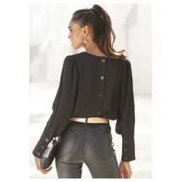 Langarmbluse Lascana, Damen, Gr. 38, schwarz, Web, Obermaterial: 100% Polyester, unifarben, figurumspielend h&uuml;ftlang, Rundhals, Manschette mit Kn&ouml;pfen, Blusen, mit Knopfleiste hinten, elegante Damenbluse, Business-Look