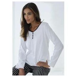 Pyjamaoberteil Vivance DREAMS, Damen, Gr. 32/34, wei&szlig;, Single Jersey, Obermaterial: 100% Baumwolle, h&uuml;ftlang, V-Ausschnitt, Shirts, mit Paspel und kurzer Zier-Knopfleiste