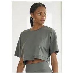 Kurzarmshirt Lascana, Damen, Gr. M (40/42), gr&uuml;n, Single Jersey, Obermaterial: 95% Baumwolle, 5% Elasthan, unifarben, l&auml;ssig geschnitten bauchfrei, Rundhals, Shirts, mit kastigem Schnitt und Lagen-Look