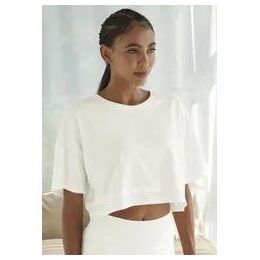 Kurzarmshirt Lascana, Damen, Gr. L (44/46), beige (sand), Single Jersey, Obermaterial: 95% Baumwolle, 5% Elasthan, unifarben, l&auml;ssig geschnitten bauchfrei, Rundhals, Shirts, mit kastigem Schnitt und Lagen-Look