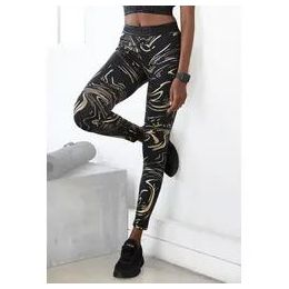Funktionsleggings Lascana ACTIVE, Damen, Gr. S (36/38), N-Gr, schwarz (schwarz, gold), Obermaterial: 85% Polyester, 15% Elasthan, bedruckt, gemustert, gl&auml;nzend, figurbetont kn&ouml;chellang, Hosen, Sportleggings mit gl&auml;nzendem Print und 3D Schriftzug