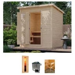Saunahaus Karibu "Talo 2", beige (naturbelassen), Saunaofen, externe Steuerung, 9 kW, Saunen, Ofen 9 KW externe Strg easy