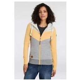 Sweatjacke Ragwear "TREGA ZIP O", Damen, Gr. L, gelb, Sweatware, Obermaterial: 70% Baumwolle, 30% Polyester, bedruckt, kontrastfarbene Details, mehrfarbig, figurbetont h&uuml;ftlang, Rundhals, Rippb&uuml;ndchen, Sweatjacken Sweatjacke, im Colorblocking-Design