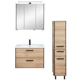Badm&ouml;bel-Set SAPHIR "Quickset 395 3-teilig, Keramikwaschtisch mit LED-Spiegelschrank", braun, Riviera Eiche quer Nachbildungmit schwarzem L-Profil vorne, Kastenm&ouml;bel-Sets, Badm&ouml;bel-Set, Midischrank, inkl. T&uuml;rd&auml;mpfer, 5 T&uuml;ren, 3 Schubladen, Bad-Set