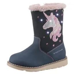 Winterstiefel Tom Tailor "Blinkschuh", Damen, Gr. 26, blau (dunkelblau), Lederimitat, Textil, Glitzer, Schuhe Winterstiefel, Langschafttstiefel, Kinderstiefel mit blinkendem Einhornmotiv